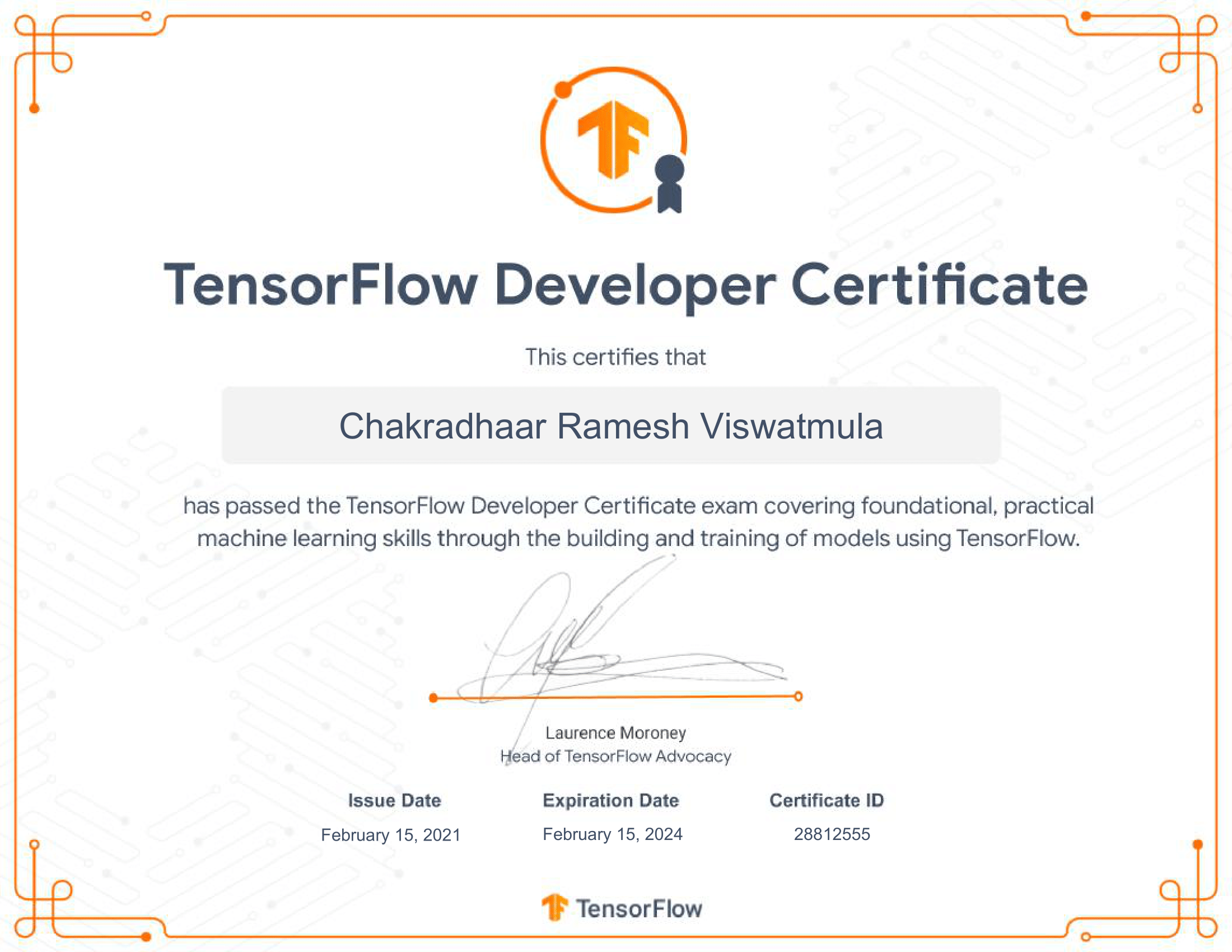Tensorflow Developer Certificate | Chakradhaar Viswatmula Tensorflow Developer Certificate | Chakradhaar Viswatmula